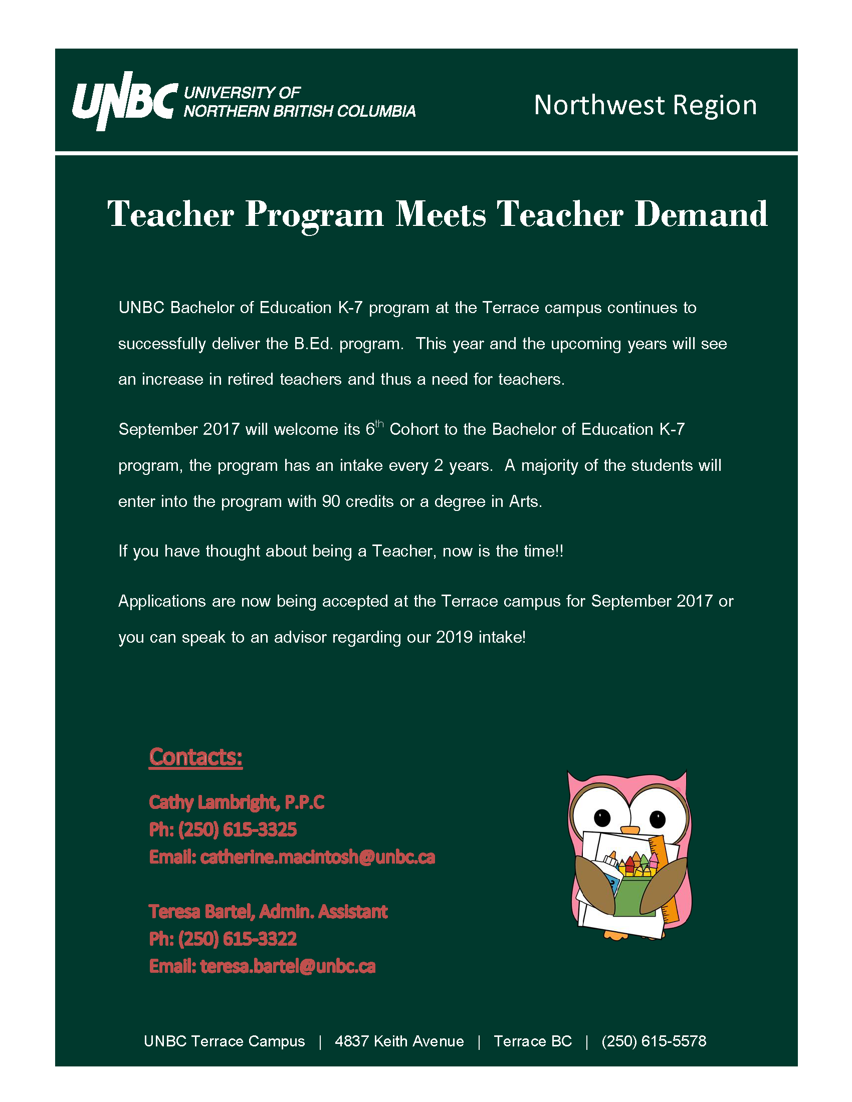Teacher Program Meets Teacher Demand - BEd K-7 2017 & 2019 Intake | UNBC